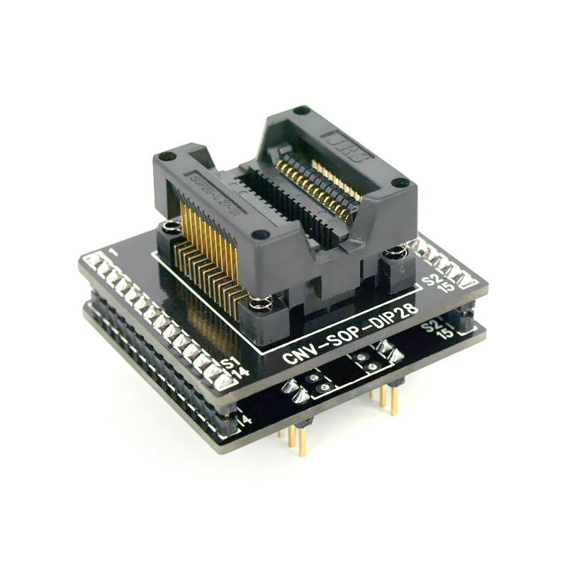 CNV-SOP-DIP28测试座外形图、芯片规格图、脚位图--深圳得技通电子有限公司